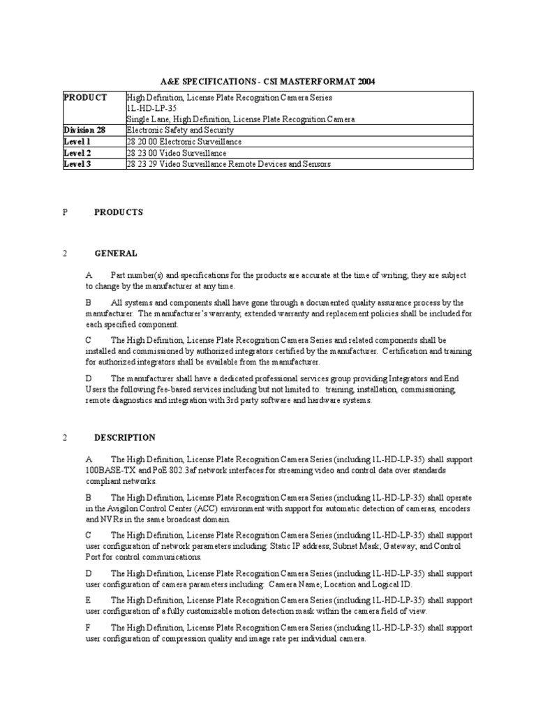 A&E Specifications - Csi Masterformat 2004 Product | PDF | Camera ...