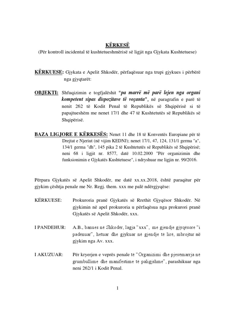 Kerkese Gjykates Kushtetuese Per Shfuqiz PDF | PDF