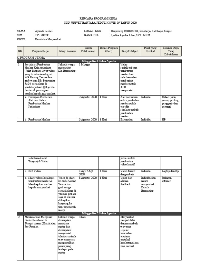 Rencana Program Kerja KKN (Ayunda L) | PDF