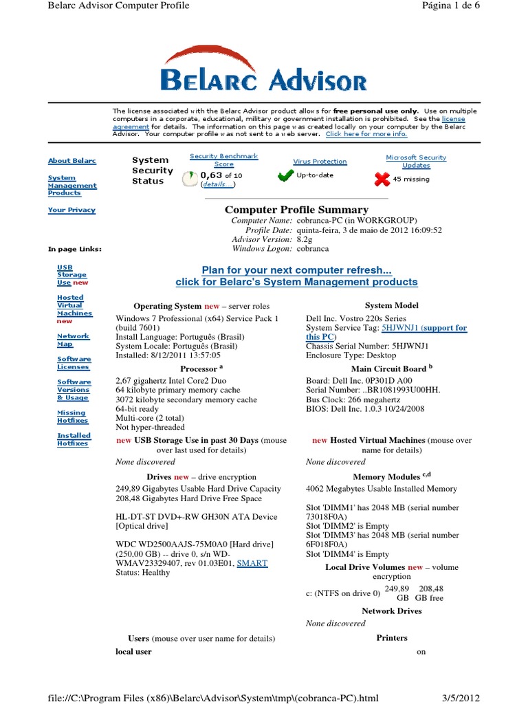 Belarc Advisor System Cobranca | PDF | Microsoft Windows | Usb