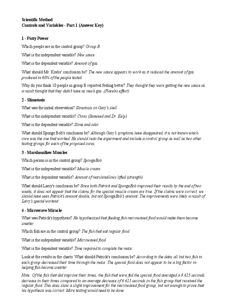 Sponge Bob Controls and Variables Answer Key | PDF | Hypothesis ...