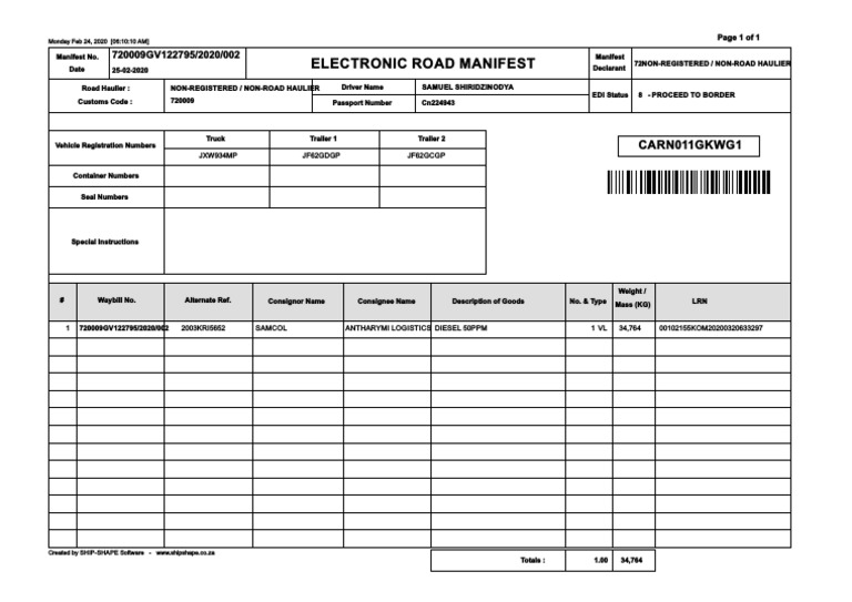 RCG Road Manifest | PDF | Motor Vehicle | Manufactured Goods