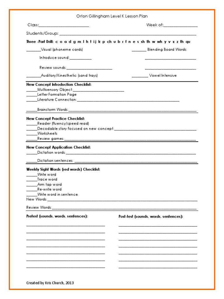 Orton Gillingham Level K Lesson Plan Class: - Week Of: - Students/Group ...