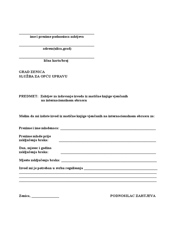 Zahtjev Za Izdavanje Izvoda Iz MKV Na Internacionalnom Obrascu | PDF