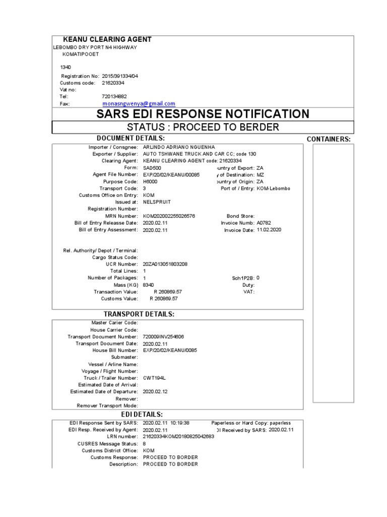 Sars Edi Response Notification: Status: Proceed To Berder | PDF ...