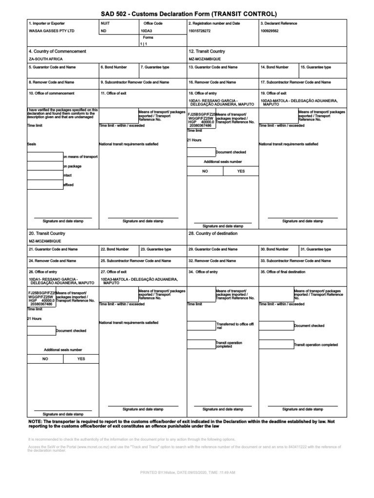 SAD 502 - Customs Declaration Form (TRANSIT CONTROL) : 4. Country of ...