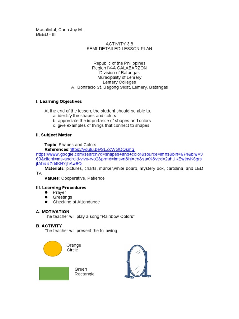 Semi-Detailed Lesson Plan | PDF | Shape | Color
