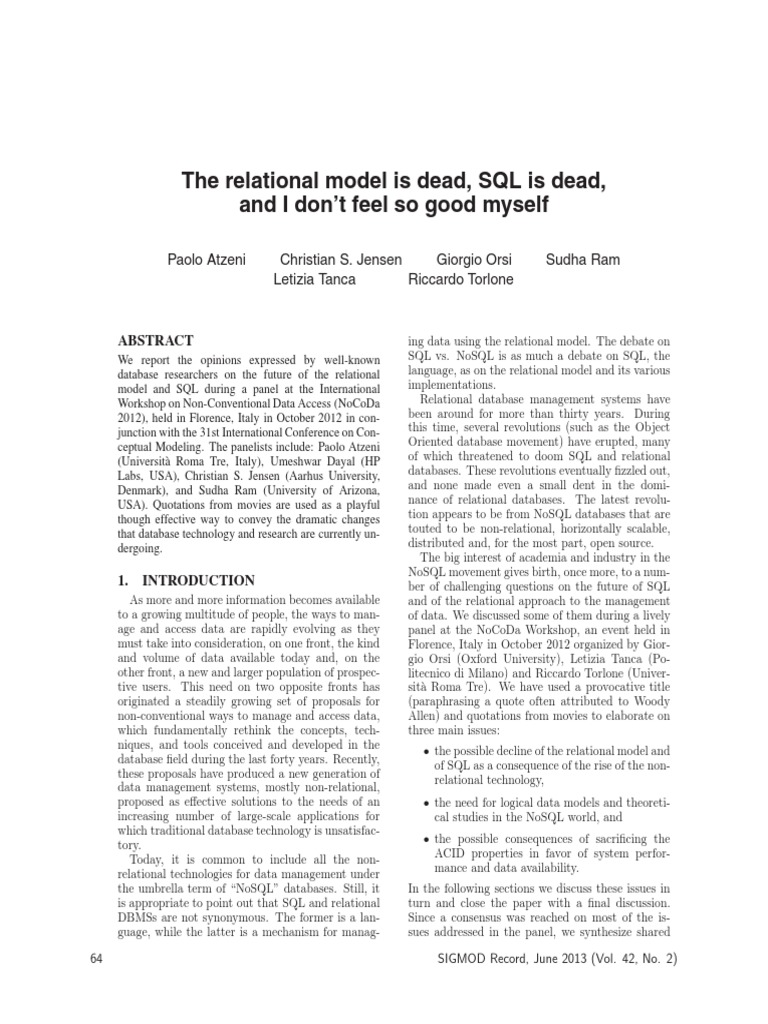 The Relational Model Is Dead Sql Is Dead Pdf No Sql Relational 1542