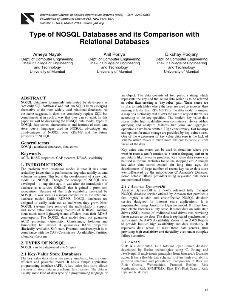 Type of NOSQL Databases and Its Comparison With Relational Databases ...