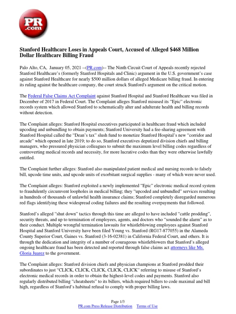 Stanford Healthcare Fraud Case Update | PDF | Qui Tam | False Claims Act
