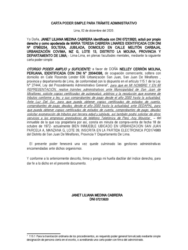 CARTA PODER SIMPLE PARA TRÁMITE ADMINISTRATIVO Nelley Yaneth Maria ...