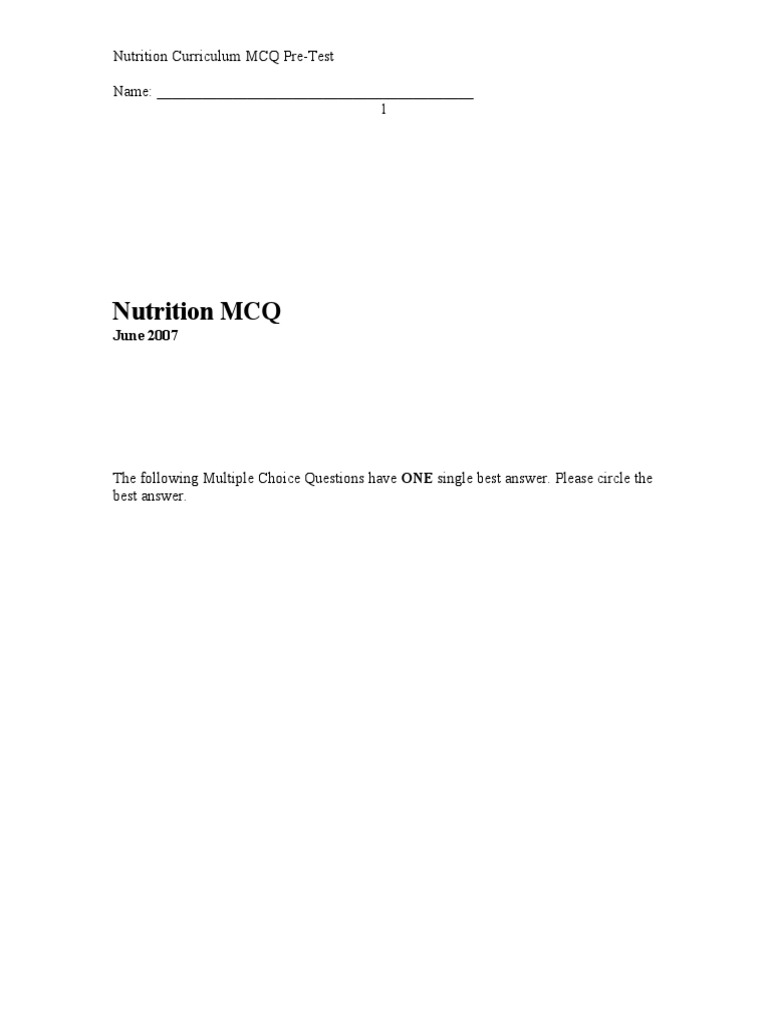 Nutrition MCQ Pre-Test Overview | PDF | Dietary Fiber | Diet & Nutrition