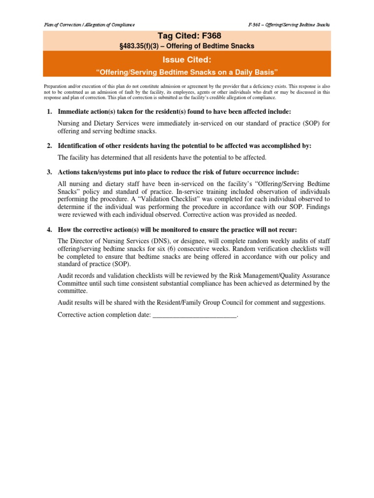 POC sample-Offering Bedtime Snacks | Audit | Regulatory Compliance