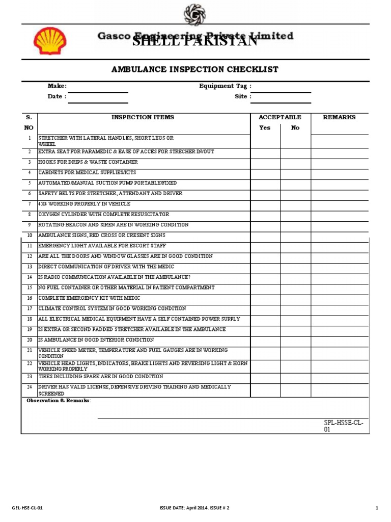Ambulance Inspection Checklist (SPL HSSE CL 01) | PDF | Ambulance | Vehicles