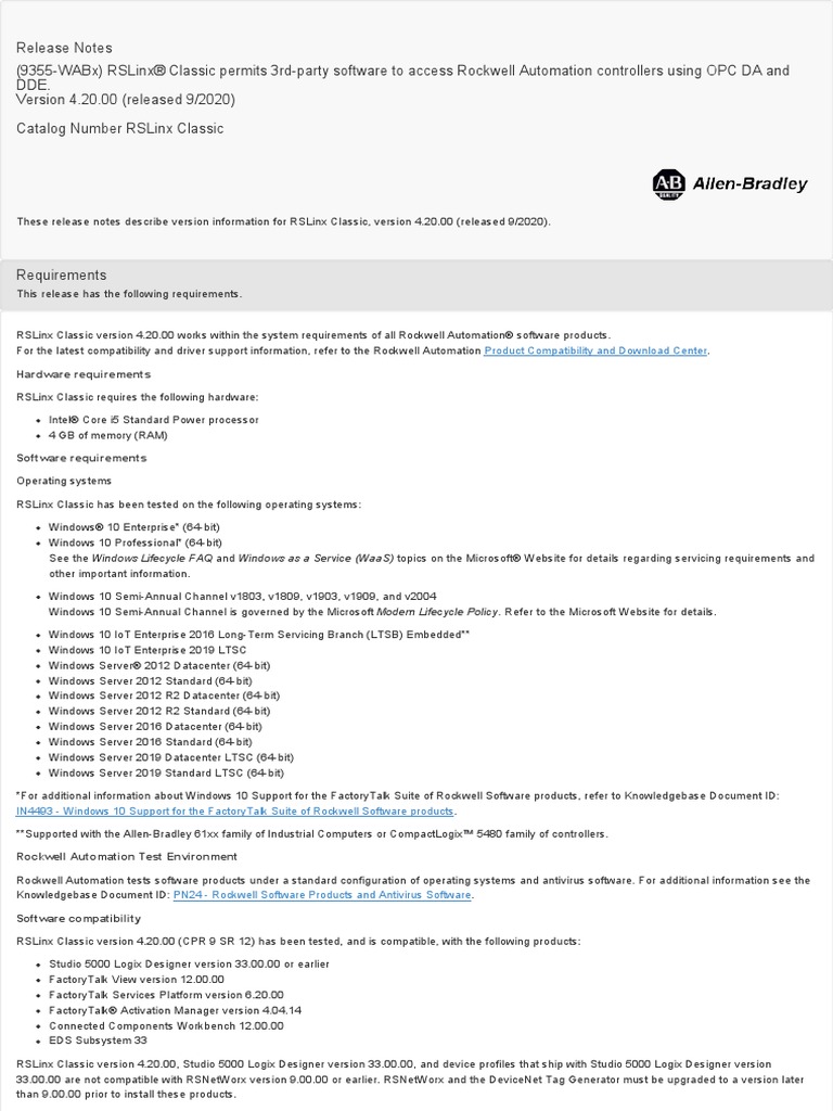 RSLinx Classic - 4.20.00 (Released 9 - 2020) | PDF | Installation (Computer Programs) | 64 Bit ...