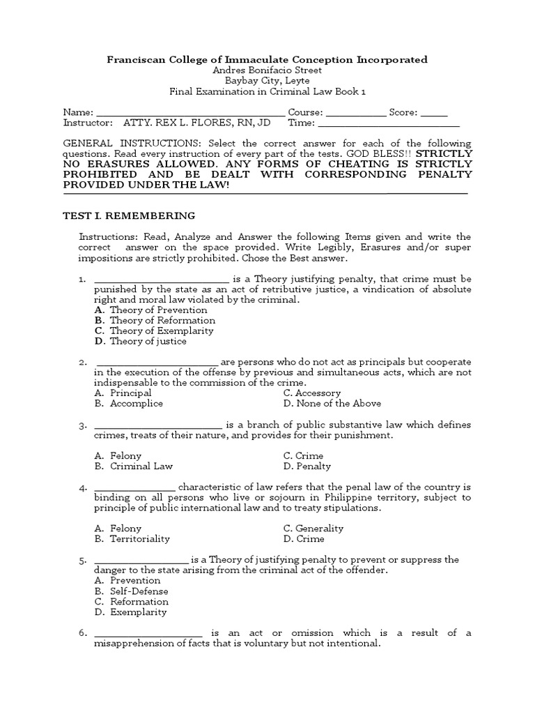 Final Exam Criminal Law Book 1 | PDF | Crime & Violence | Crime Thriller