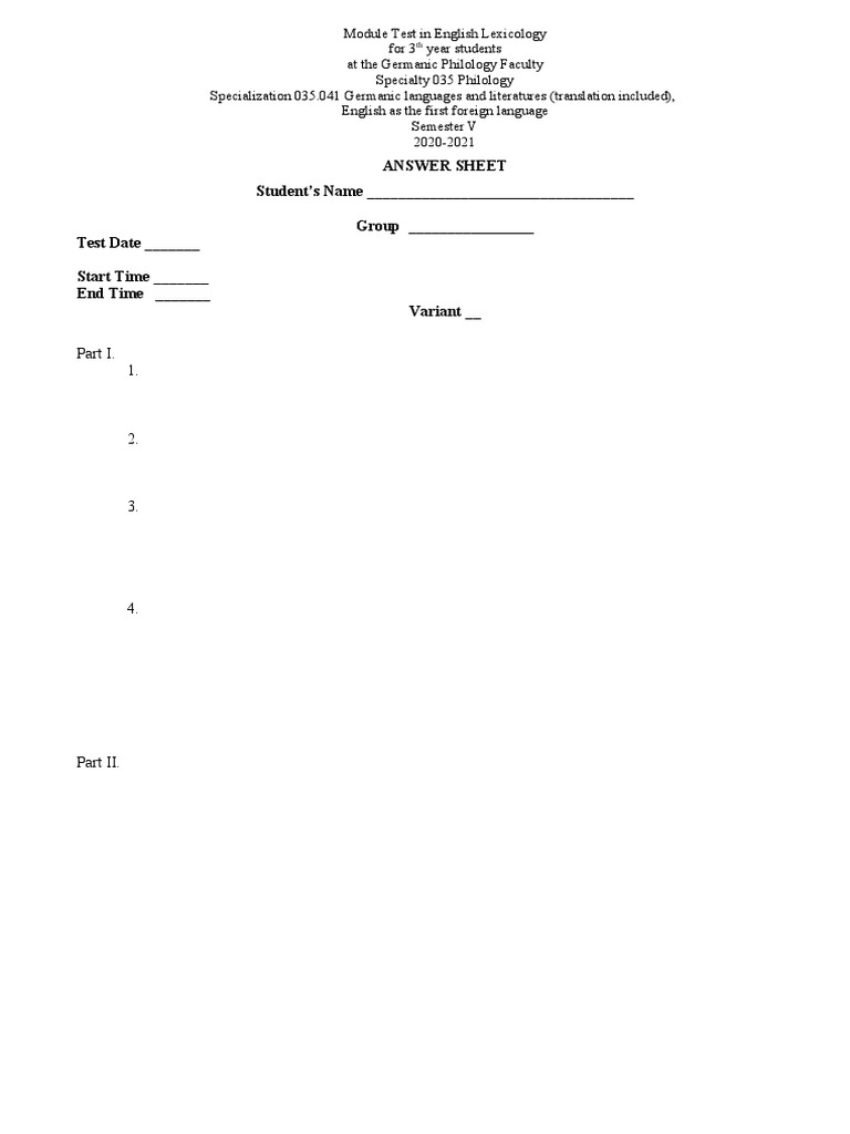 Answer Sheet Student s Name Group Test Date Start Time End Time