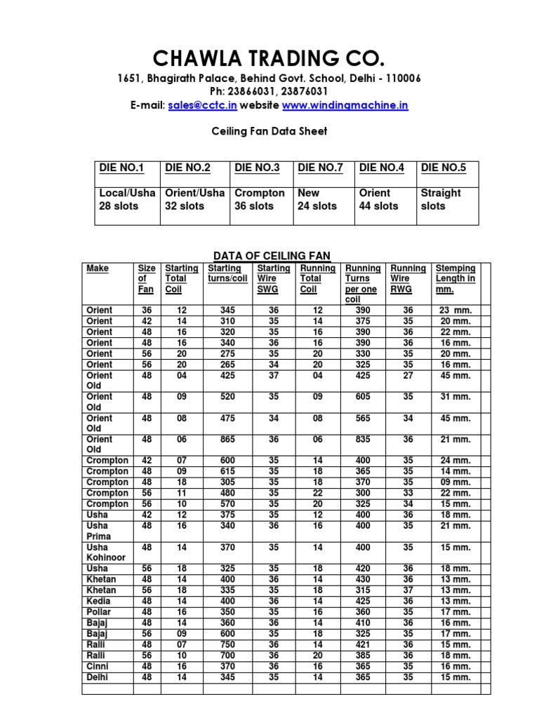 Ceiling Fan Winding Data Sheet | PDF | Manufactured Goods
