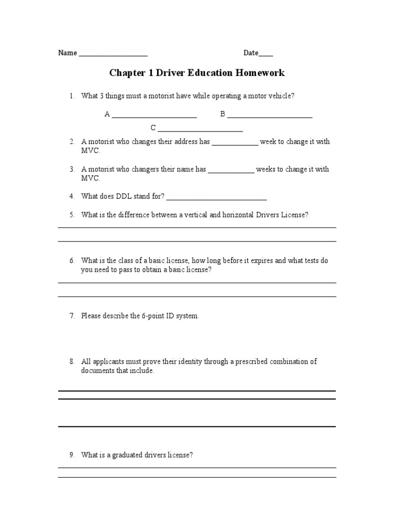 Chapter 1 Driver Education Homework | PDF