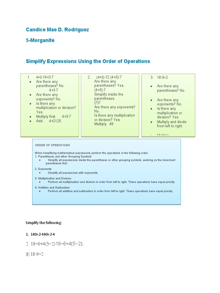 Simplify Expressions Using The Order of Operations | PDF ...