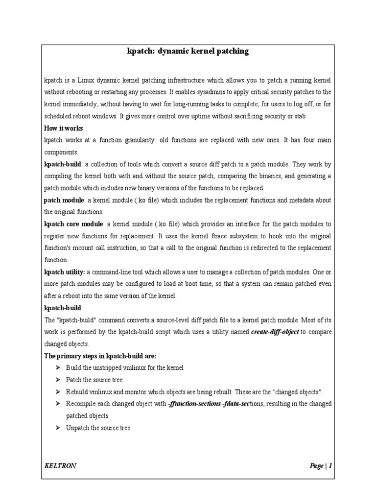 Kpatch: Dynamic Kernel Patching: Keltron Page - 1 | PDF | Kernel (Operating System) | Computer ...