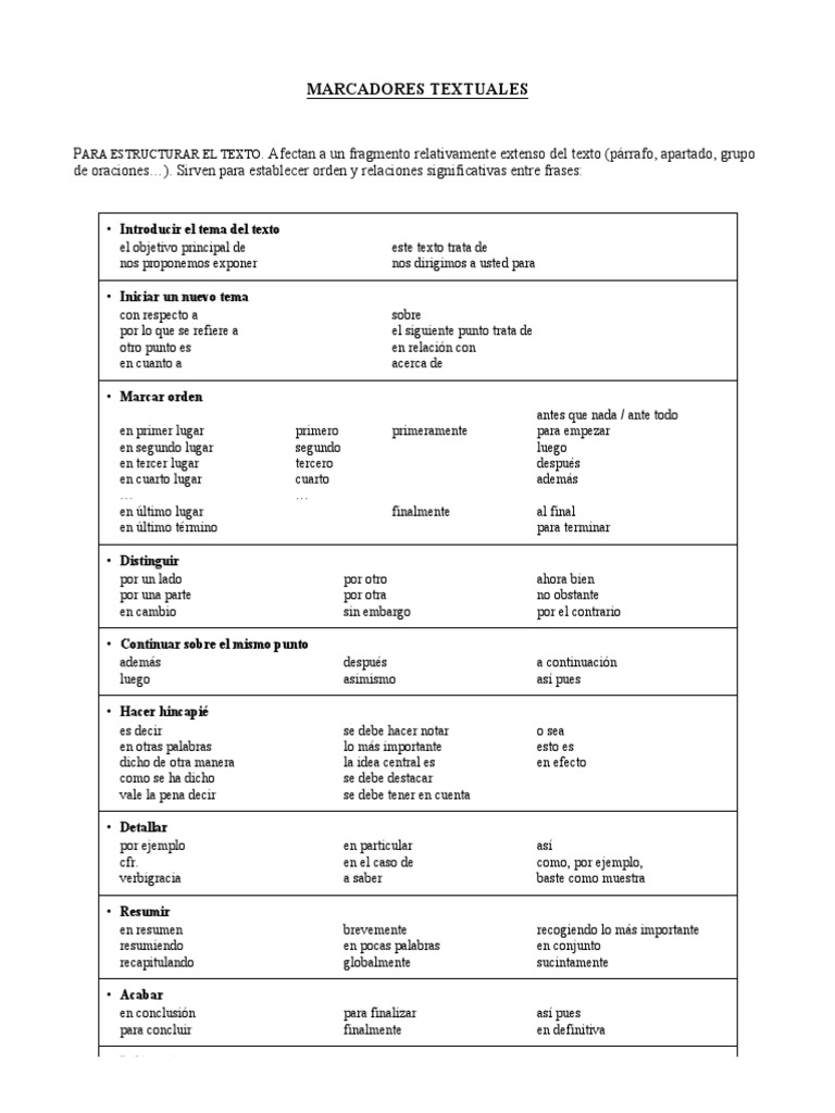 Marcadores Textuales | PDF | Oración (Lingüística) | Science