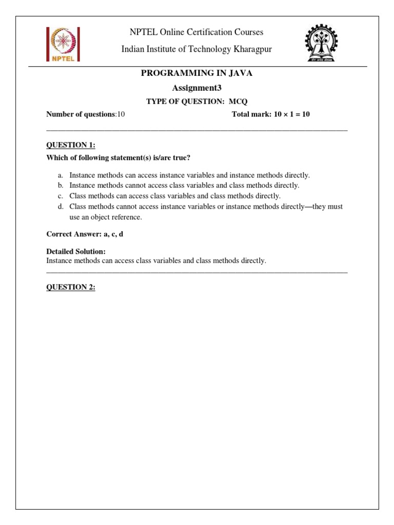 Programming in Java Assignment3: NPTEL Online Certification Courses Indian Institute of ...