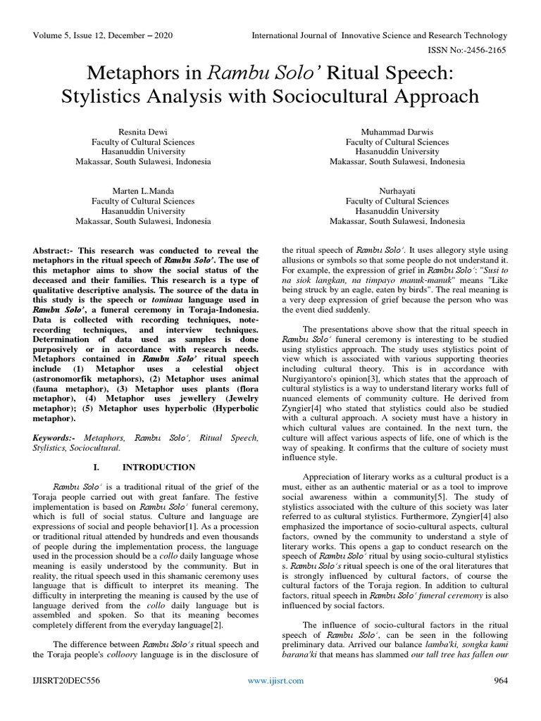 Metaphors in Rambu Solo' Ritual Speech Stylistics Analysis With Sociocultural Approach | PDF ...