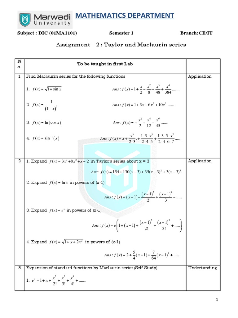 Mathematics Department: Assignment - 2: Taylor and Maclaurin Series ...