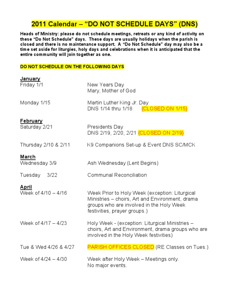 2011 "Do Not Schedule" Days Calendar | PDF | Liturgical Year ...