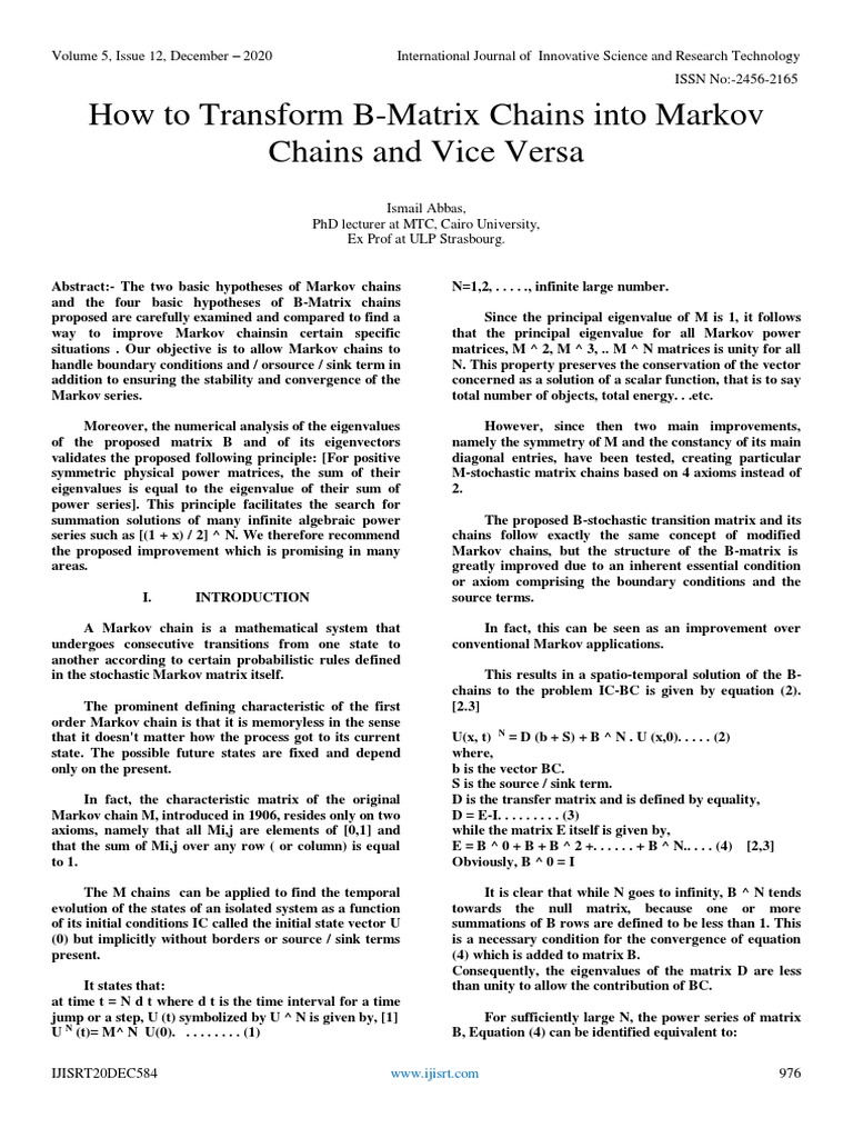 How To Transform B-Matrix Chains Into Markov Chains and Vice Versa | PDF | Eigenvalues And ...