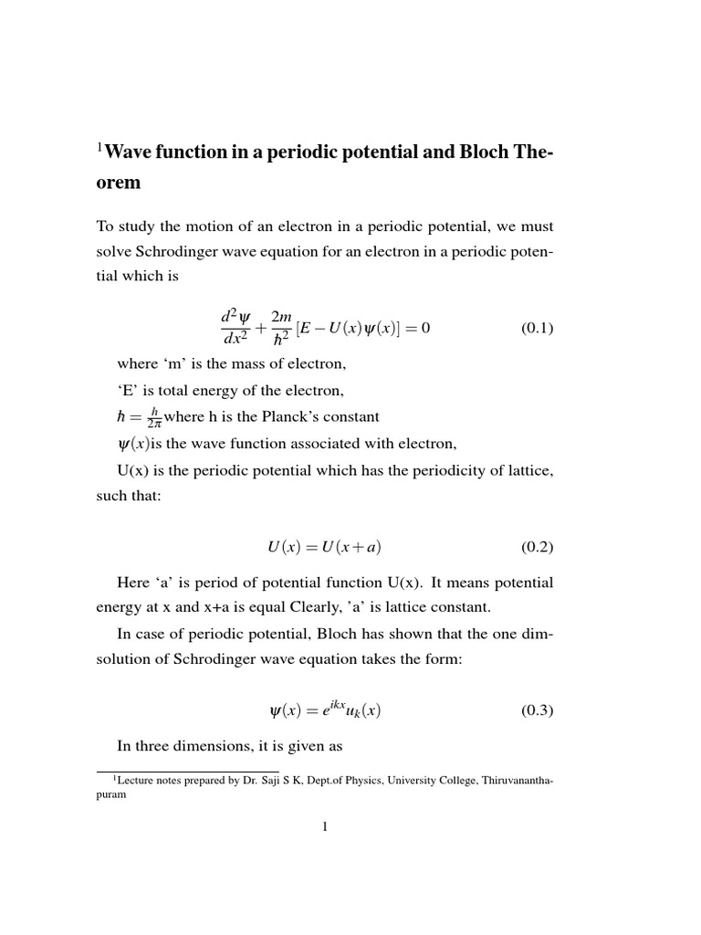 Wave Function in A Periodic Potential and Bloch The-Orem | PDF ...