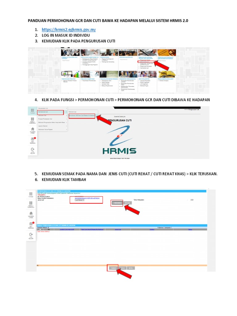 Panduan Permohonan GCR Dan Cuti Bawa Ke Hadapan Melalui Sistem Hrmis 2 | PDF | Hukum