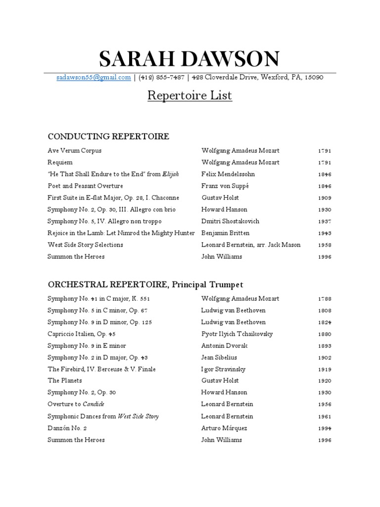 Sarah Dawson's Music Repertoire List | PDF | Orchestras | Opus Number