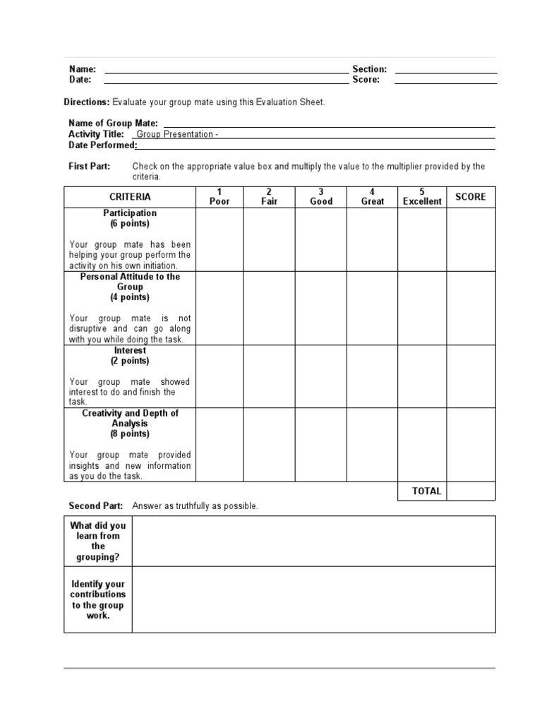 (Template) Group Reporting Evaluation | PDF