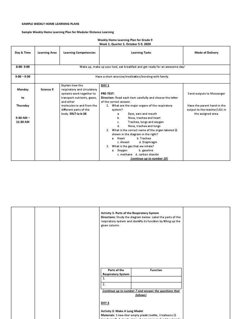 MODULE L3A1 - Sample Weekly Home Learning Plans - MANDIA - TEAM DENNIS ...