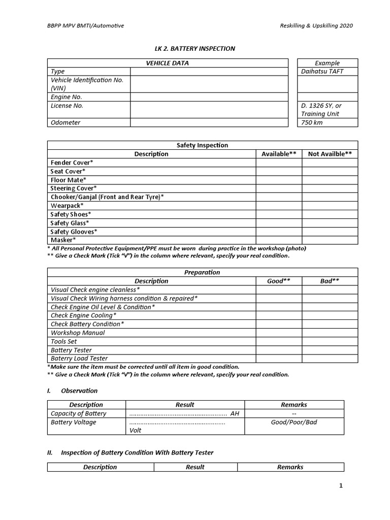 Battery Inspection Training Checklist | PDF | Personal Protective ...