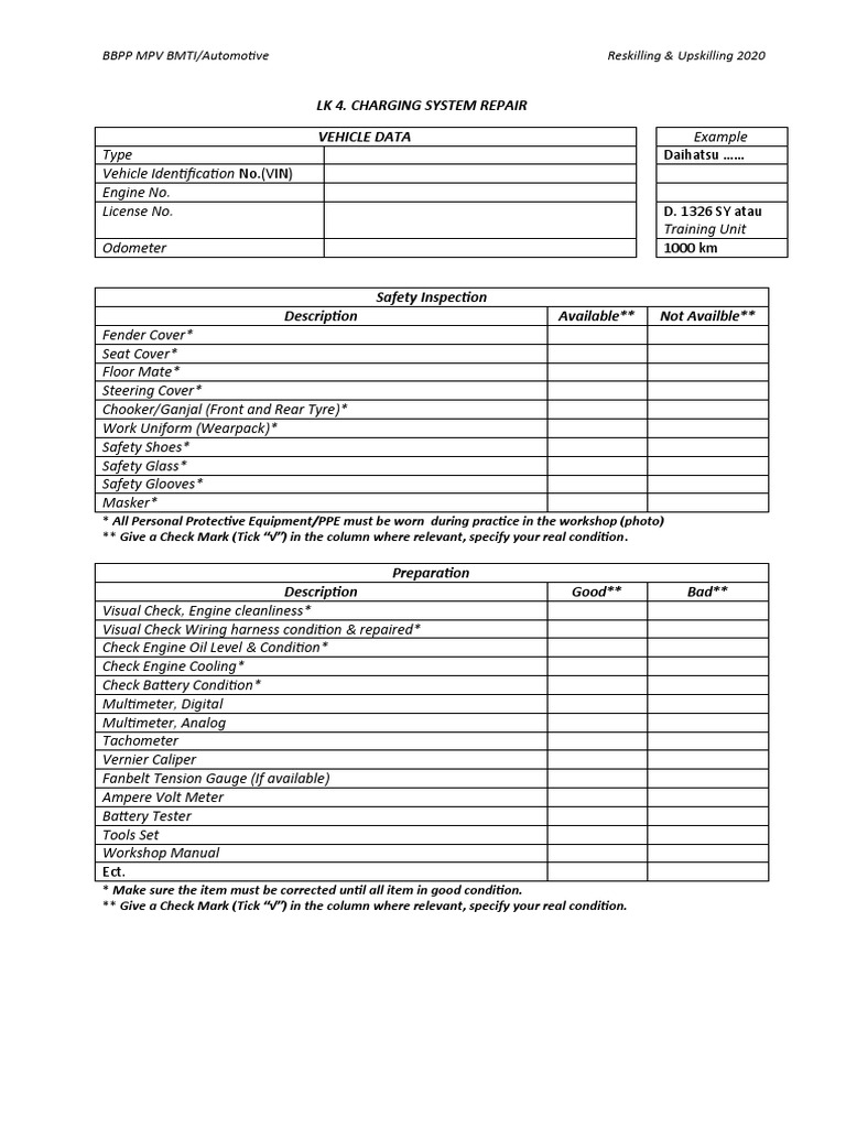 Charging System Repair: Safety Inspection, Preparation, Observation ...