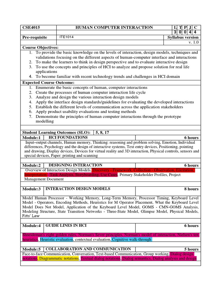 CSE4015 Human Computer Interaction L T P J C Pre-Requisite Syllabus Version Course Objectives ...