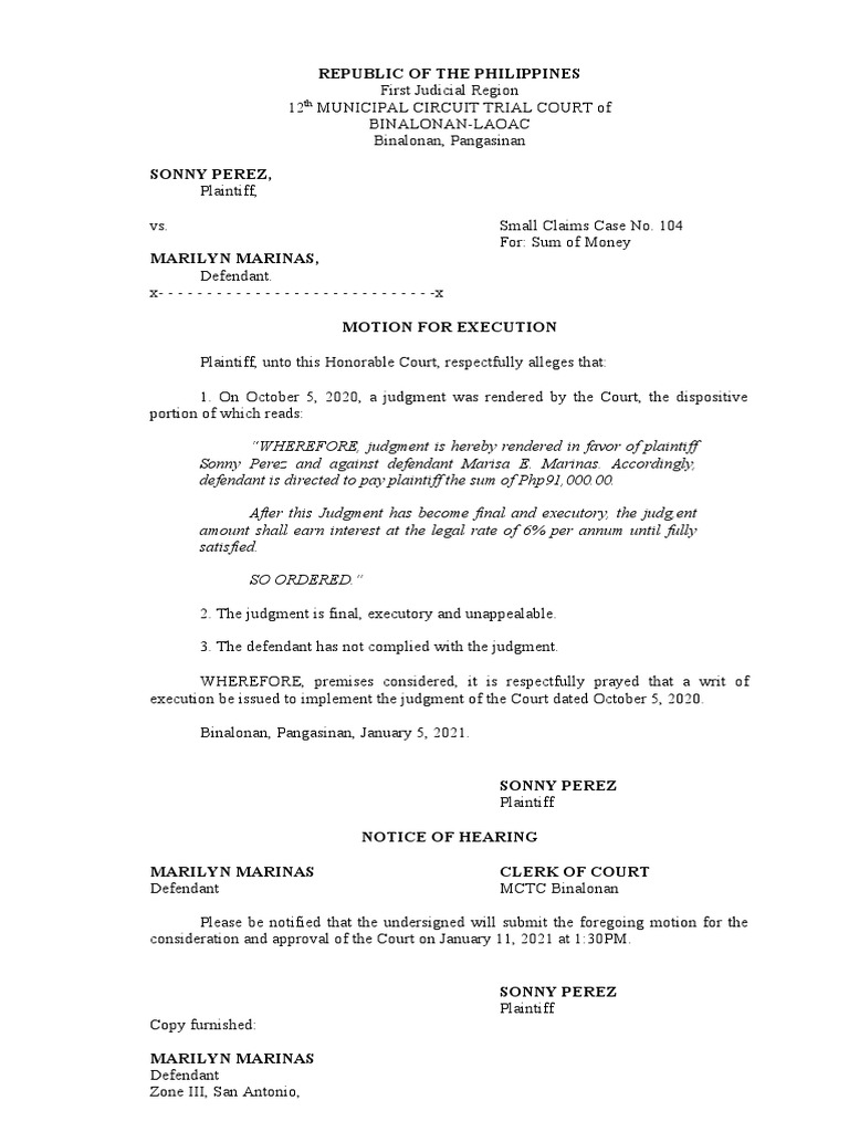 Motion For Execution - Small Claims | PDF