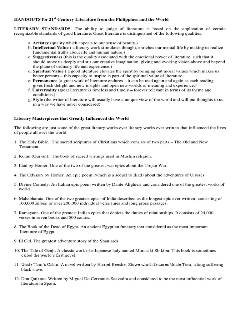 Literary Standards - Literary Masterpieces - Handouts | PDF | Epic ...