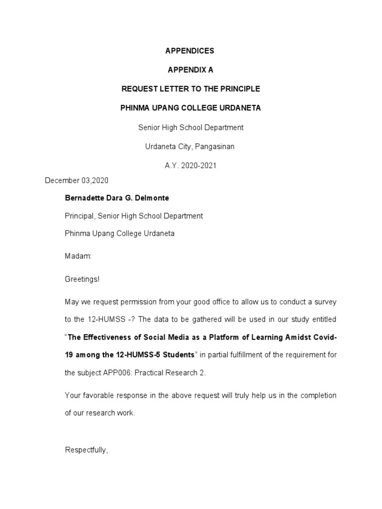 Appendices Appendix A Request Letter To The Principle Phinma Upang ...