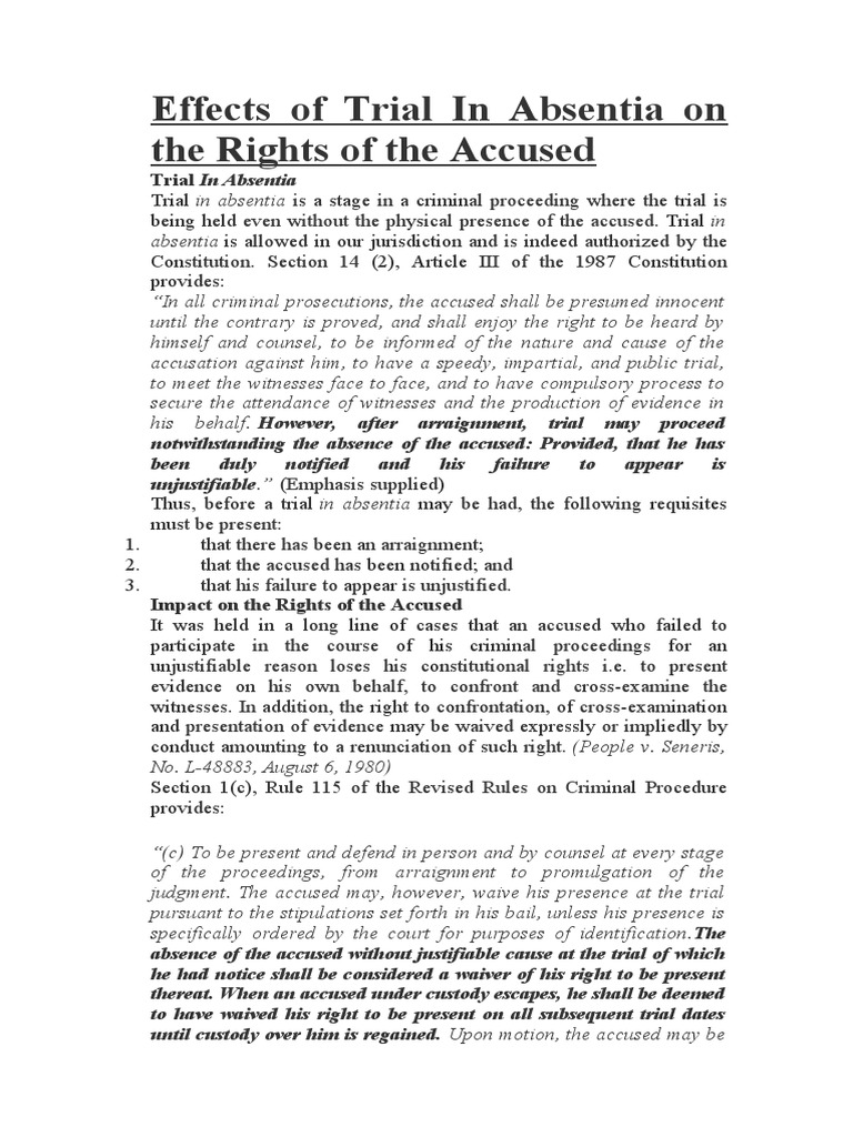 Effects of Trial in Absentia On The Right of The Accused | PDF | Trials ...