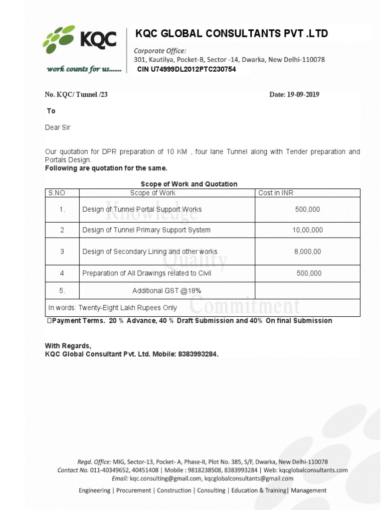 KQC Global Consultants PVT .LTD: No. KQC/ Tunnel /23 Date: 19-09-2019 | PDF