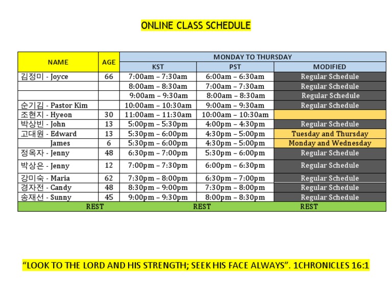 Online Class Schedule: Regular Schedule Regular Schedule Regular ...