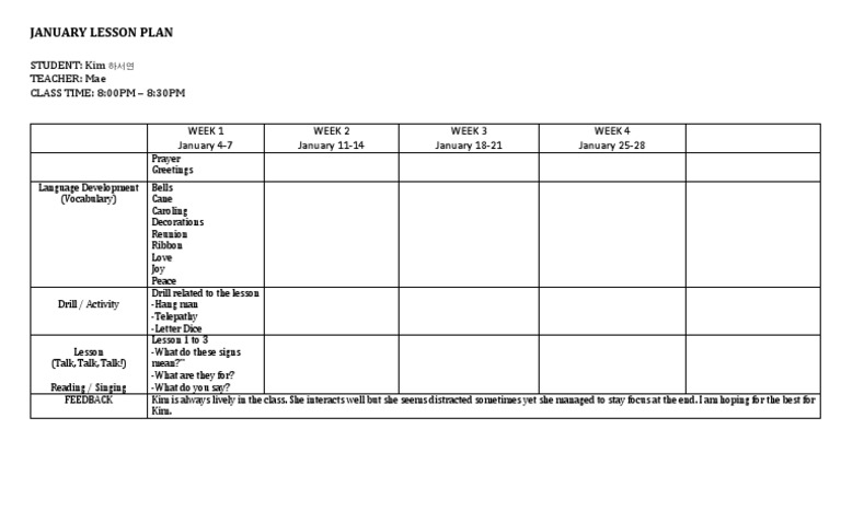 January Lesson Plan: Student: Kim Teacher: Mae CLASS TIME: 8:00PM - 8 ...