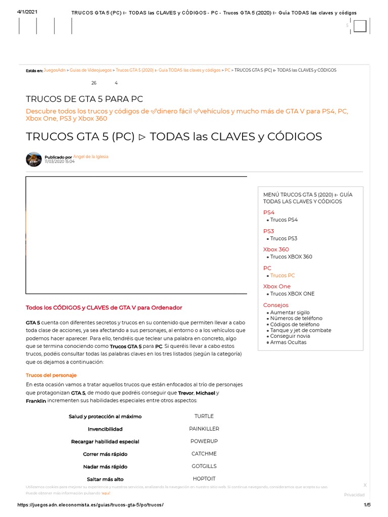 TRUCOS GTA 5 (PC) TODAS Las CLAVES y CÓDIGOS - PC - Trucos GTA 5 (2020 ...