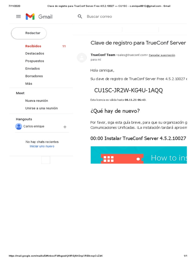 Clave de Registro para TrueConf Server Free 4.5.2.10027 - CU1SC - C.enrique8812@gmail - Com ...