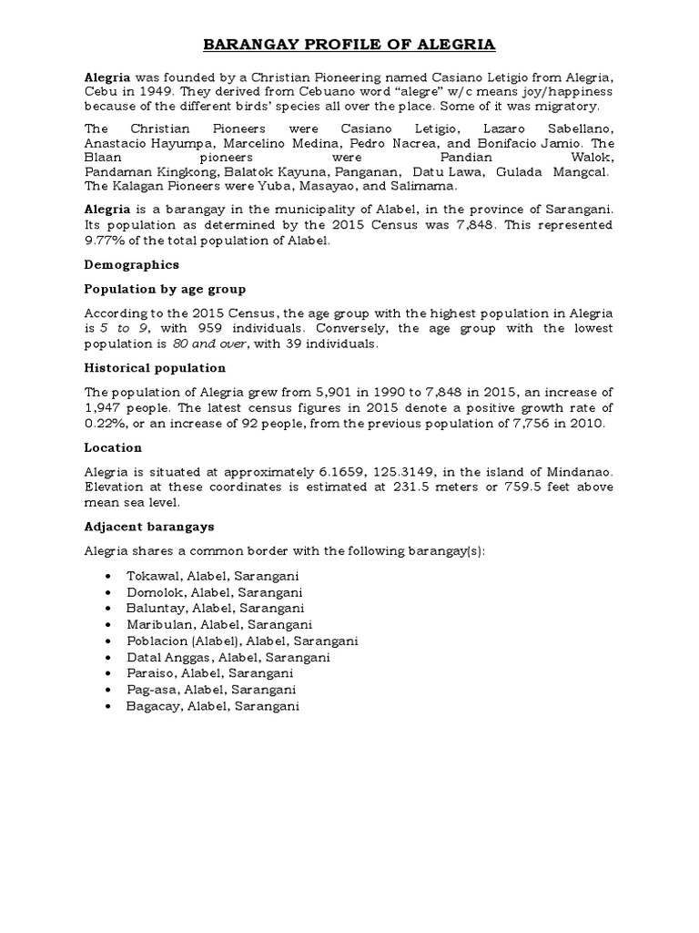 Barangay Profile of Alegria | PDF