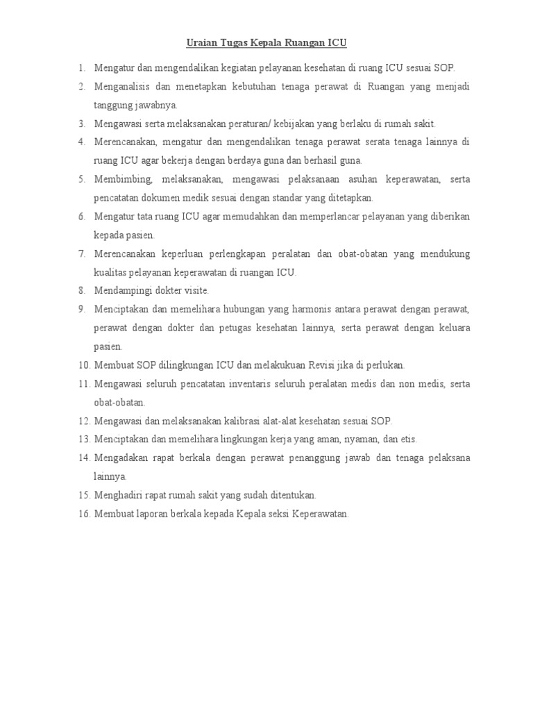 Uraian Tugas Kepala Ruangan ICU | PDF